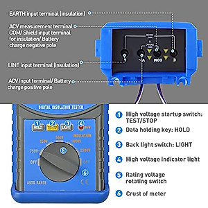 Digital Insulation Resistance Tester, RQ-6688F Voltage Tester 250/500/ 1000/ 2500V, Auto Range Megohmmeter 1MΩ~20GΩ, Resistance Tester with 1999 Count LCD Display, Data Hold, Back-Light （Battery）