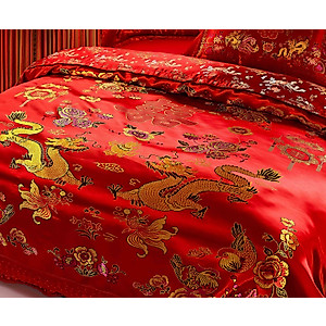 LELVA Chinese Traditional Red Sheet Asian Bedding Queen with Dragon and Phoenix Bird Embroidery Duvet Cover Set 4pcs (Queen)