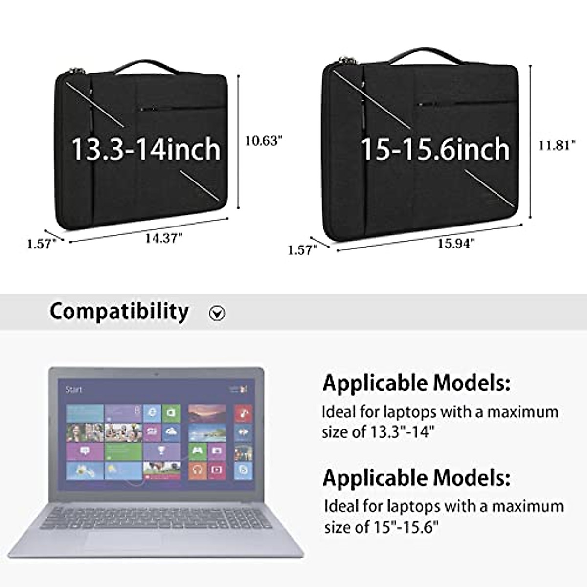 Laptop Sleeve Case 15-15.6 Inch Waterproof Business Computer Carrying Case Portable Handle Briefcase Bag Compatible with 15.6 Inch MacBook Air/Pro 15-15.6 Inch HP ASUS Samsung Notebook Black