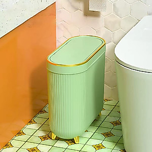 Aupekro Bathroom Trash Can with Lid, 3.1 Gallon/12 Liter Slim Rubbish Bin Wastebasket, Rectangular Plastic Narrow Garbage Container Bin for Living Room, Kitchen, Toilet, Office(Green)