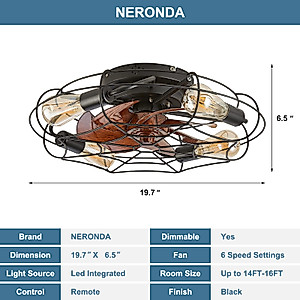 NERONDA 19.7" Caged Ceiling Fan with Light and Remote,Flush Mount Bladeless Ceiling Fan, Low Profile Caged Ceiling Fan,Small Industrial Black Ceiling Light Fixture,Reversible