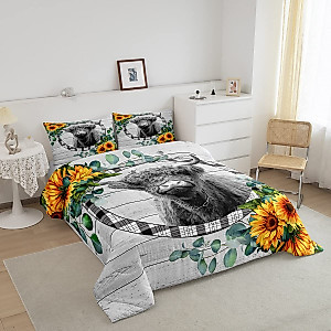 Sunfloral Highland Cow Bedding Set Grey Bull Cattle Comforter Set for Kids Boys Girls Teens Highland Cattle Comforter Funny Farmhouse Duvet Set 3Pcs Queen Size