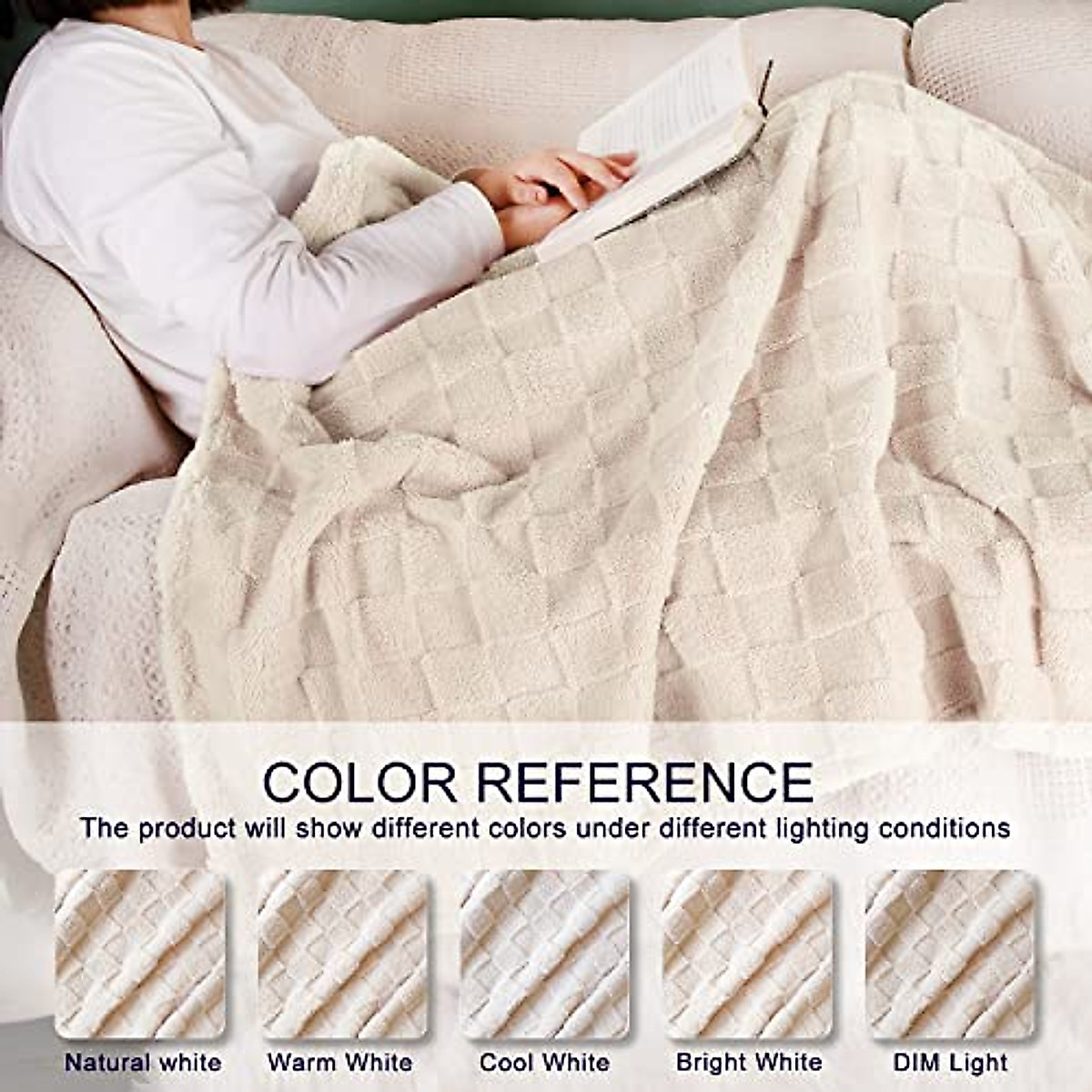 BOPRIO Throw Blanket Fuzzy Plaid Blanket for Sofa Couch or Bed, Queen Size 330GSM Luxury Fleece Soft Warm Blanket for All Seasons, 60 x 90 Inch Cream