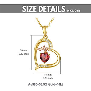 Ayafee 14K Gold Love Heart Pendant Necklace with Garnet, Heartbeat Necklace Valentine's Day Anniversary Jewelry Gift for Wife Girlfriend