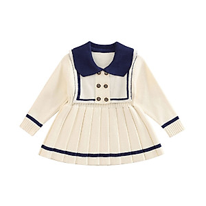 LXXIASHI Baby Girls Knitted Sweater Dress Toddler Girls Sailor Dress Long Sleeve Fall Winter Pleated Dress (Apricot, 2-3T)