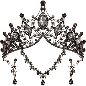 Hicarer 3 Pieces Baroque Queen Crown Set, Tiara Earrings Necklace Crystal Headband Tiaras and Crowns for Women Bridal Wedding Jewelry Halloween Prom Birthday Party Hair Costume Accessories (Black)