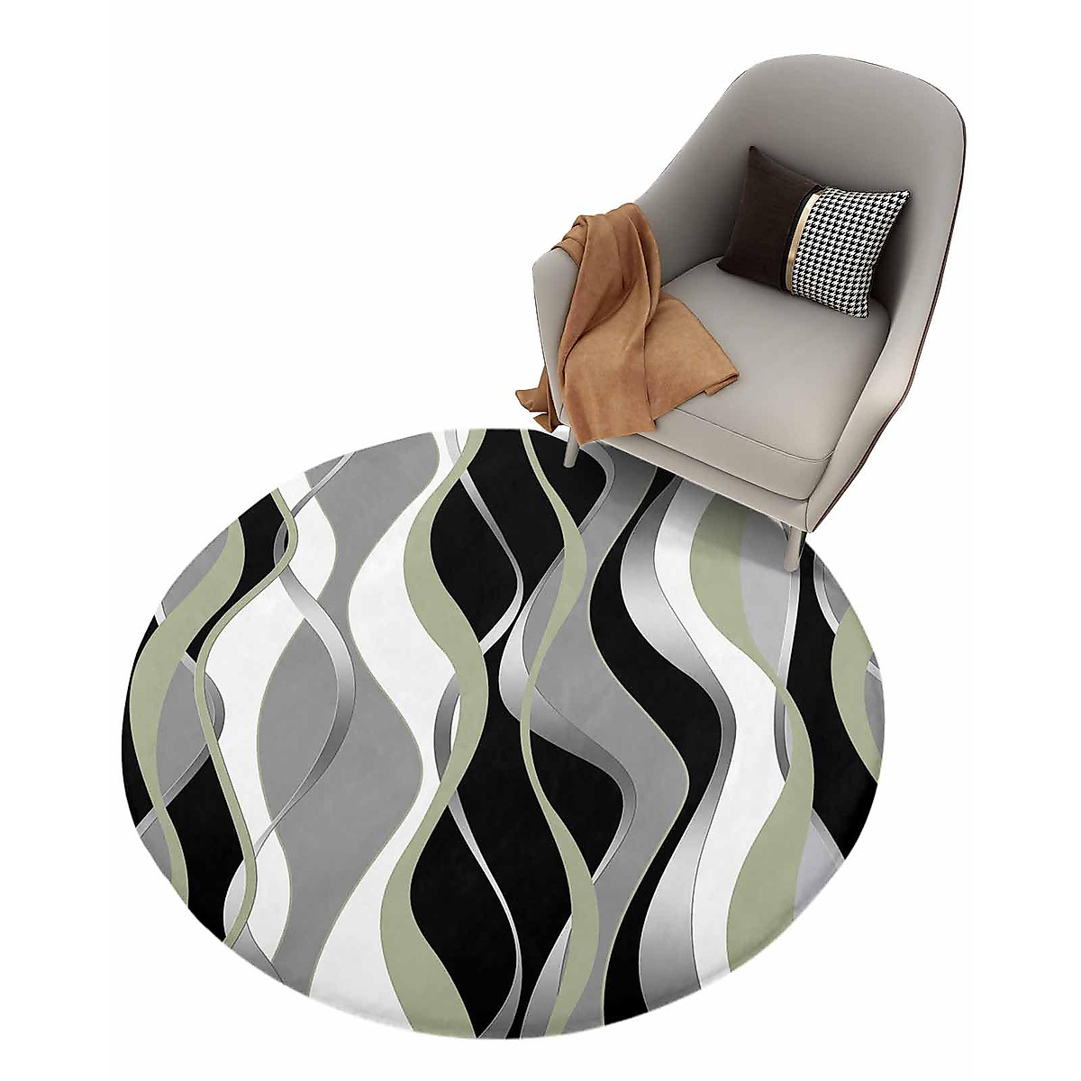 Sage Green Stripes Fluffy Round Area Rug Carpets 4ft, Plush Shaggy Carpet Soft Circular Rugs, Non-Slip Fuzzy Accent Floor Mat for Living Room Bedroom Nursery Decor Modern Geometric Black Grey White