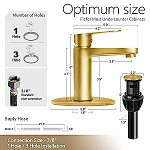 SOKA Brass Bathroom Faucet Brushed Gold Bathroom Sink Faucet Gold with Pop-up Sink Drain Stopper & Deck Plate 1 or 3 Hole Bathroom Faucet Single Handle Bathroom Faucet Single Hole RV Bathroom Faucet