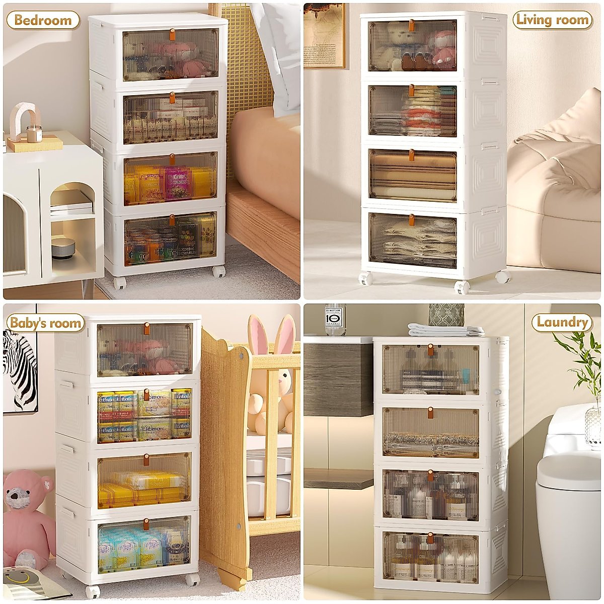 4 Tier Plastic Storage Bins with Lid 23QT, Stackable Storage Containers with Wheels, Folding Storage Boxes, Collapsible Storage Bins, Closet Organizers and Storage for Living Room,Office,Dorm