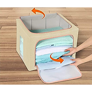 2 pack 66L foldable stackable storage box, steel frame clothes bag, bedroom container with 2 clear windows, 3 steel frames, 2 zippers, 2 reinforced handles ,thick linen fabric, waterproof,(2X66L, beige) for closet, comforters, blankets, bedding, quilt.