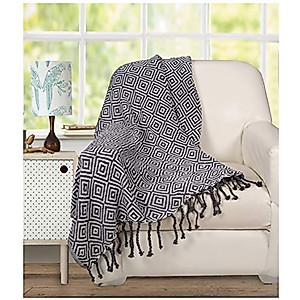 Throw Blanket With Fringes In Diamond Design 50x60 Inch - Charcoal White Cotton Throw For Sofa, Chair, Bed, & Everyday Use, Well crafted for durability, Farmhouse Throw,All Season Throw Blanket