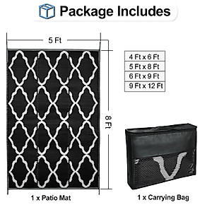 OutdoorLines Outdoor Plastic Area Rugs for Patio 5x8 ft - Reversible Outside Carpet, Stain & UV Resistant RV Mats, Straw Rug for Camping, Deck Garden, Porch and Balcony, Moroccan Black & Light Grey