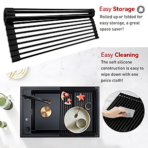 MERRYBOX Roll Up Dish Drying Rack Silicone Wrapped Over The Sink Dish Drying Rack Multipurpose Foldable Sink Drying Mat Anti-Slip & Anti-Rust Dish Rack for Kitchen, 17.5" x 13", Black