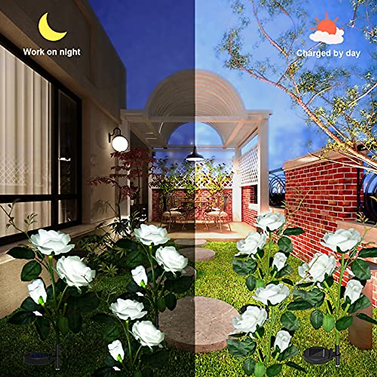 Anordsem 2 Pack Solar Rose Flower Lights, Upgrade Flower Lights Outdoor, Waterproof Solar Garden Stake Lights, Decorative Landscape Lights with 6 Rose Flowers for Backyard, Party, Pathway (White)