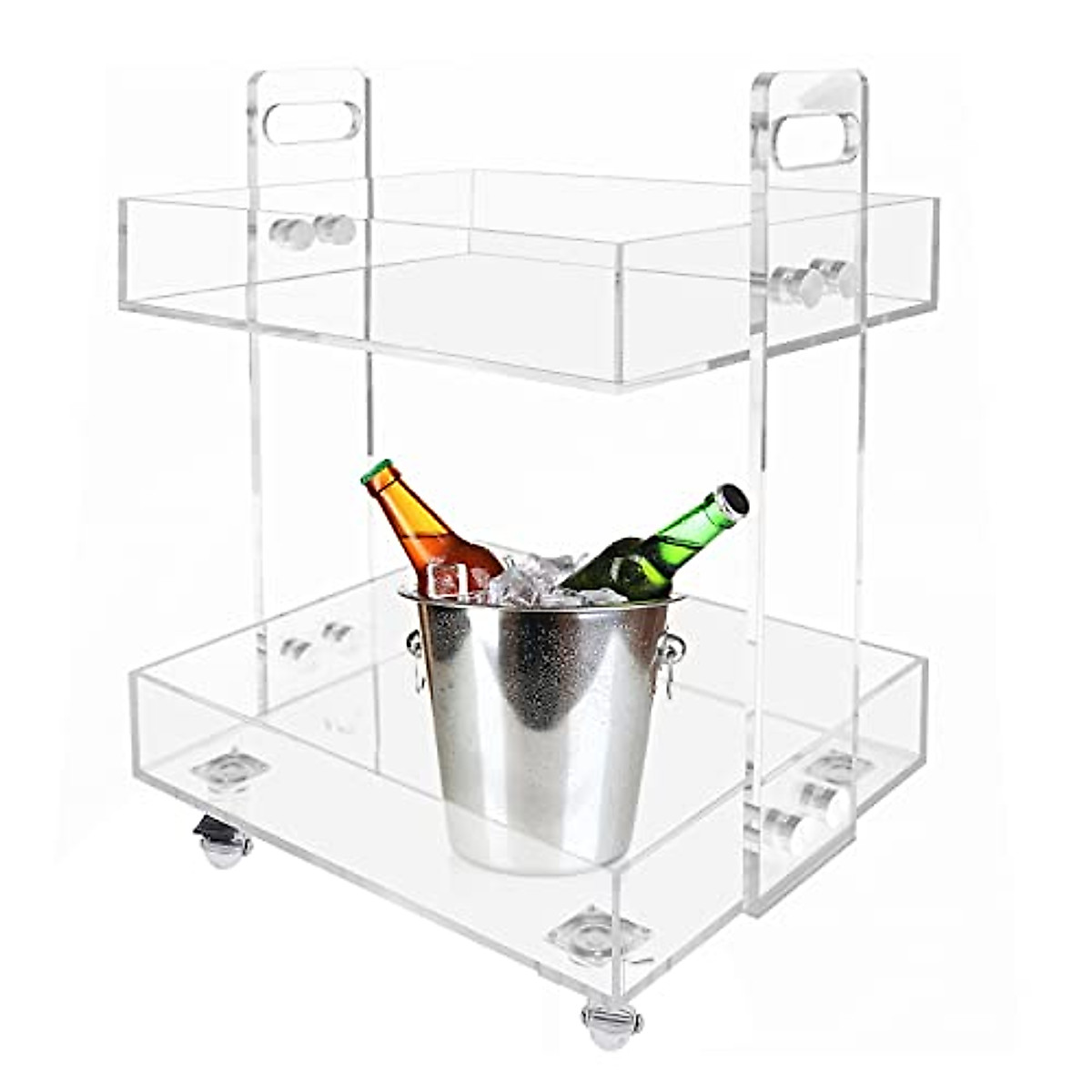 LOHISHILO 2-Tier Heavy Duty Acrylic Rolling Cart Multifunctional Storage End Table with 4 Wheels for Living Room Kitchen, Home, Bar, Party Mobile Cart