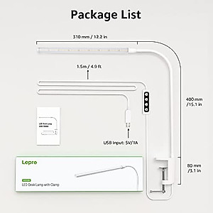 Lepro Clip on Desk Lamp LED Reading light Dimmable USB Clamp Lamp with 3 Color Modes 10 Brightness, Adjustable Flexible Gooseneck Table Light for Bed Headboard, Workbench, Home Office, Computer, White