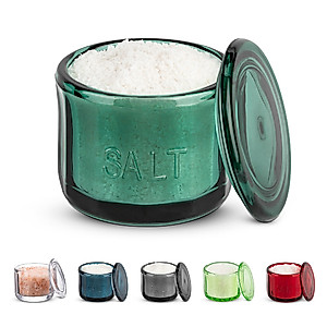 KooK Glass Salt Cellar, with Lid, Embossed Pressed Glass, Clear Storage Container, for Coffee, Sugar, Spices and Candies, 10 oz (Emerald Green)