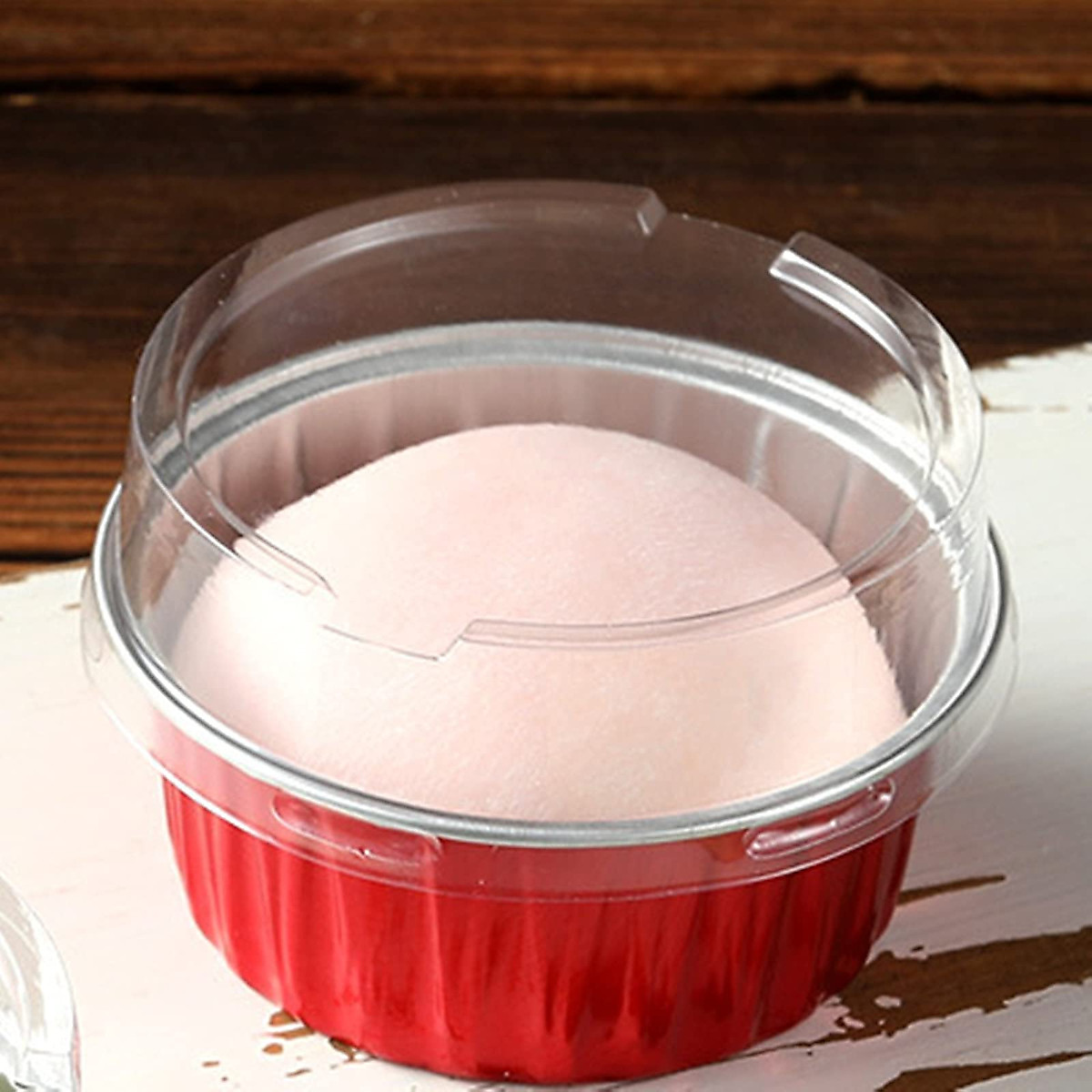 DEAYOU 100 Pack Aluminum Foil Ramekins with Lids, 5oz Muffin Cupcake Baking Liners Cups, 3" Round Disposable Recyclable Tart Pie Tin Pan Holder for Pudding, Party, Wedding, Oven Freezer Safe, Red