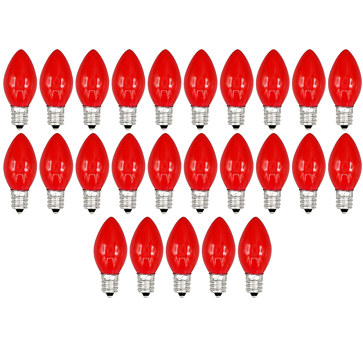Creative Hobbies® Box of 25 Light Bulbs, Ceramic Opaque Red, Steady Burning, 7 Watt Incandescent, C7 Candelabra Base - Great for Christmas Strings and Decorative Lights