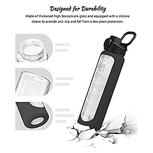 Nefeeko 32 oz Glass Water Bottles with Straw, Motivational Glass Water Bottle with Time Marker, 1 Liter BPA FREE Leakproof Reusable Glass Water Bottle with Silicone Sleeve, Bamboo Lid, Spout Lid