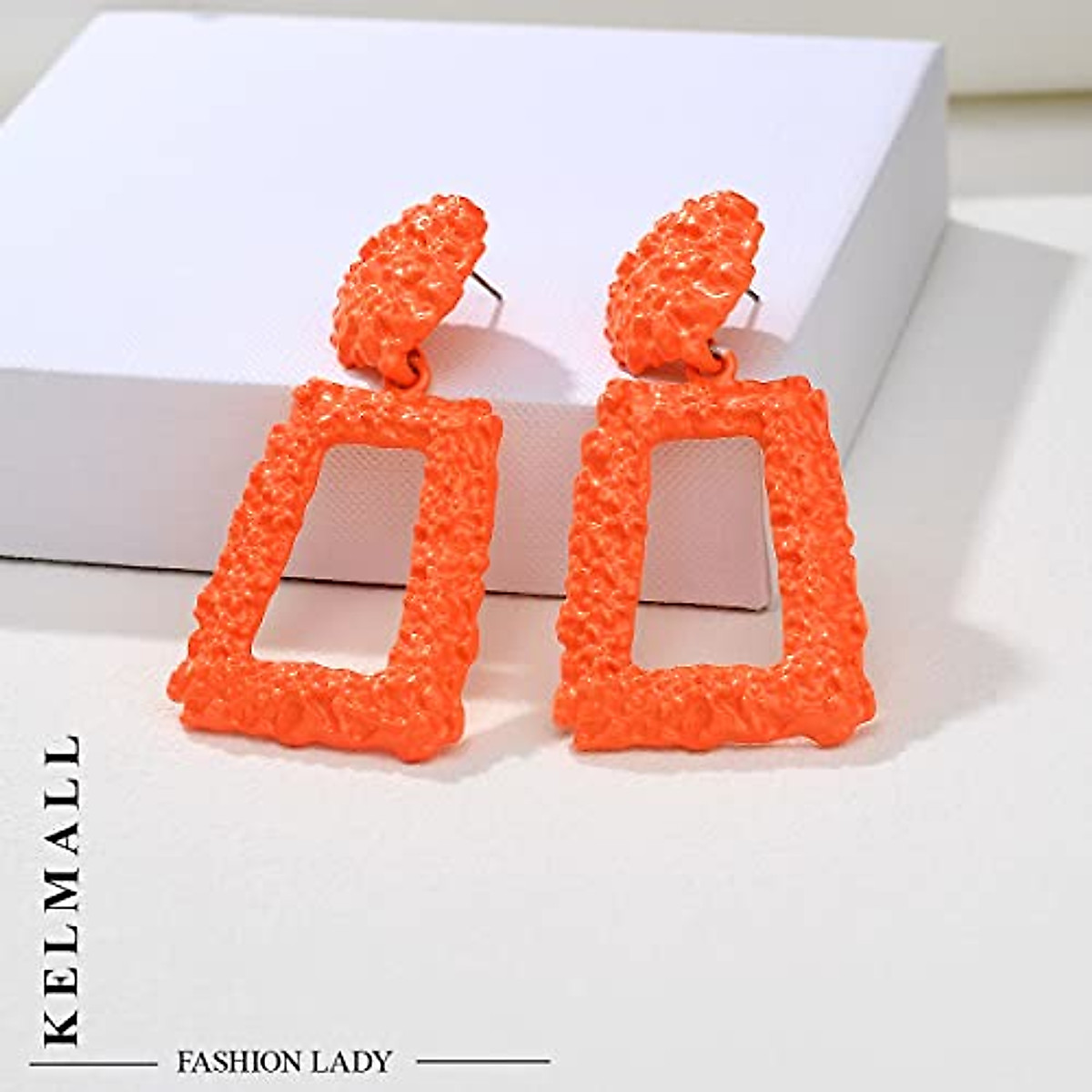 KELMALL Raised Design Drop Dangle Statement Earrings for Women Classic Metallic Geometric Rectangle Earring- Neon Orange