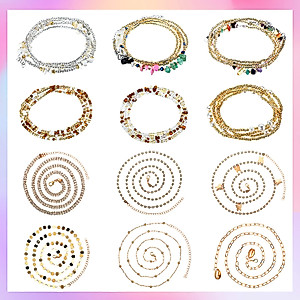 12 Pcs Waist Beads Body Jewelry Beach Bikini Belly Beads Waist Chains for Women Adjustable Belly Necklace Stomach Jewelry Chain Women's Body Chains (Simple Style)