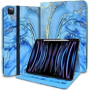 Zonefoker for New iPad Pro 12.9 Case 6th/5th/4th/3rd Generation 2022/2021/2020/2018, 12.9 inch ipad Pro Leather Folio Cover with Pencil Holder, Multi-Angle Viewing Stand, Auto Wake/Sleep, Marble Blue