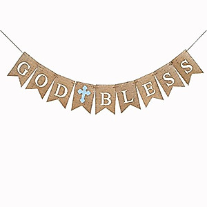 iMagitek God Bless Baptism Burlap Banners for Boy First Holy Communion, Blue Burlap Banners Garland Bunting Flags for Wedding Baby Shower Birthday Christening Baptism Party Decorations