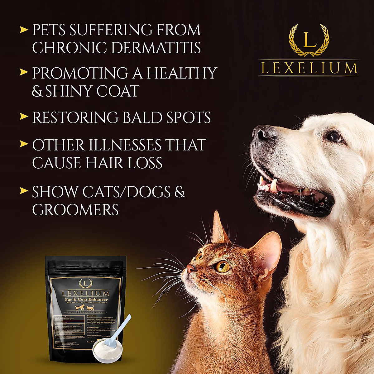 Lexelium Dermatitis Skin and Coat Supplement for Dogs and Cats - Promotes Healthy Skin and Fur for Dogs and Cats - Helps w/Itch, Dry Skin + Other Symptom - Natural Vet-Approved Powder Formula - 200G