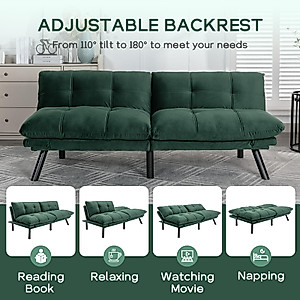 Sudwesto 70.87'' Futon Sofa Bed, Velvet Upholstered Convertible Sofa Bed with Adjustable Armrests and Backrest, Button Tufted Sleeper Sofa Bed with Iron Legs, Fold Sofa Bed (Emerald)