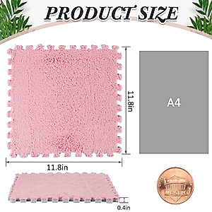 18 Pcs Plush Foam Floor Mat Square Interlocking Carpet Tiles with Border Fluffy Play Mat Floor Tiles Soft Climbing Area Rugs for Home Playroom Decor, 12 x 12 x 0.4 Inch (White, Pink, Gray)