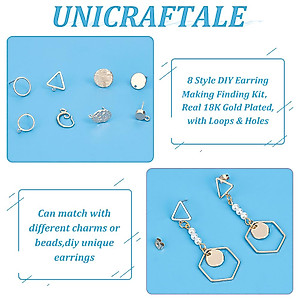 BENECREAT 8 Pairs 8 Style 18K Real Gold Plated Geometric Brass Stud, Round Triangles Stud Earring Findings with Loops and 20Pcs Plastic Ear Nuts for Earring Making, Pin: 0.8mm