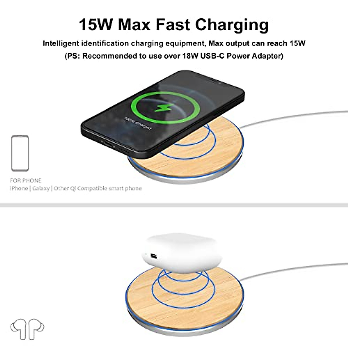 15W Fast Wireless Charger Pad, Eco Friendly, Walnut Wood, Bamboo, Compatible with Qi Enabled Devices (Bamboo)