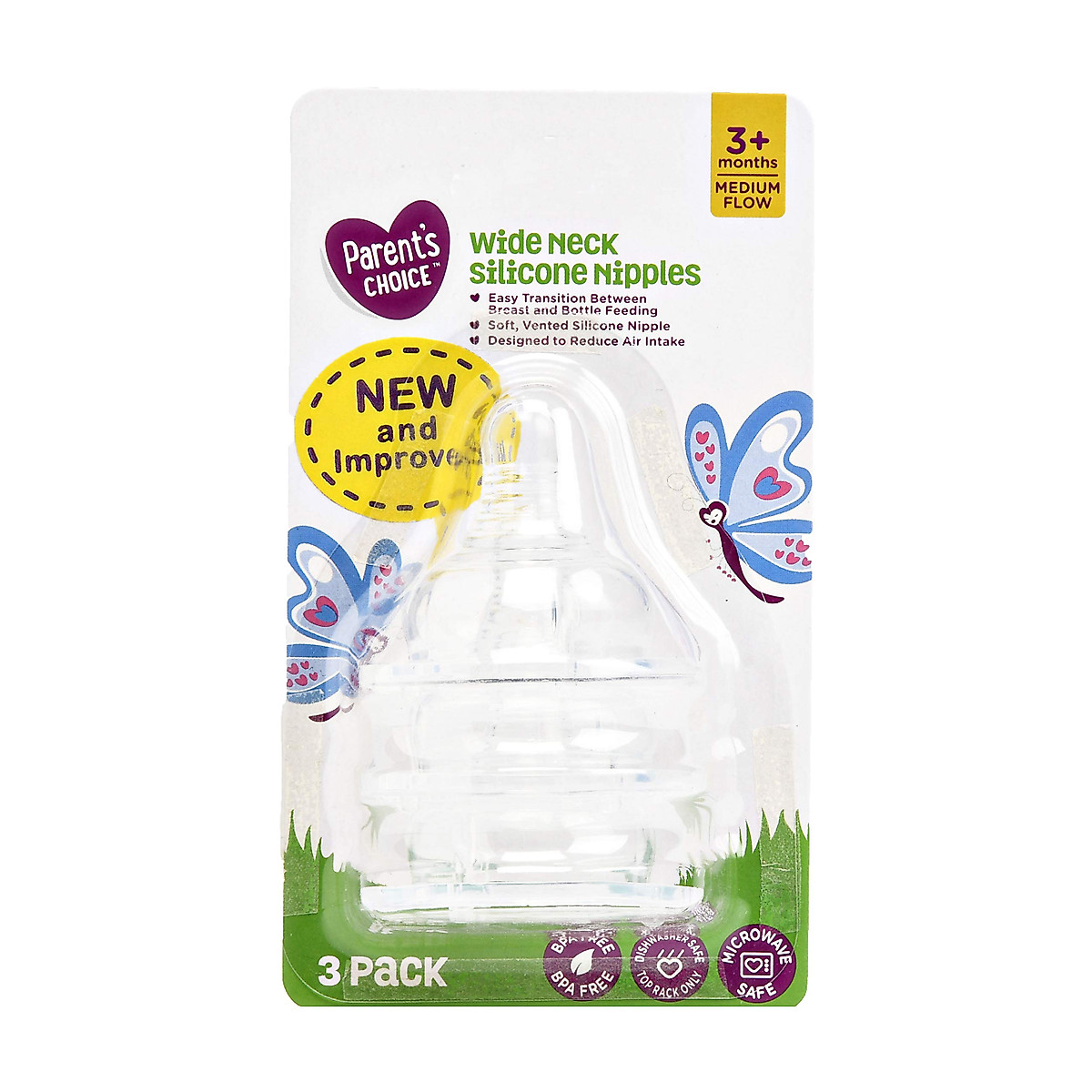 Parent's Choice Wide Neck Silicone Nipples, 3+ Months, 3 Pack, 3 Count (Pack of 1) (PC Wide Neck Silicone Nipples 3+ Mo)