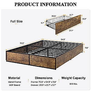 SHA CERLIN Full Size Bed Frame with Storage, Platform Bed with 4 Extra Large Storage Drawers on Wheels, Mattress Foundation, Strong Metal Slat Support, No Box Spring Needed, Easy Assembly