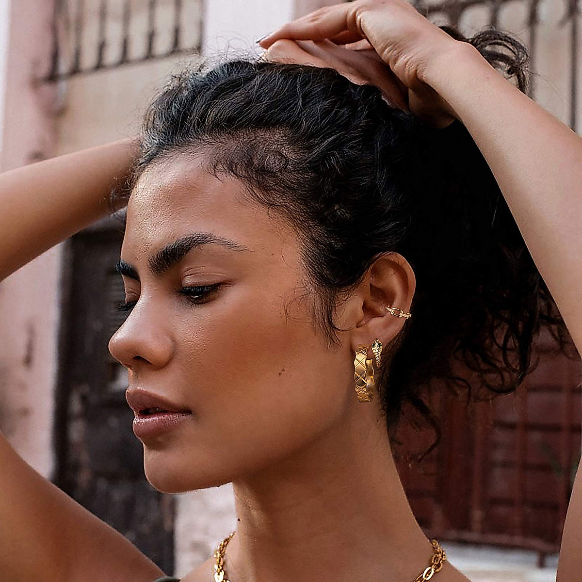 MYEARS Women Gold Huggie Hoop Snake Earrings Ear Stud Cuff Cubic Zirconia 14K Gold Plated Small Simple Minimalist Hypoallergenic Everyday Jewelry