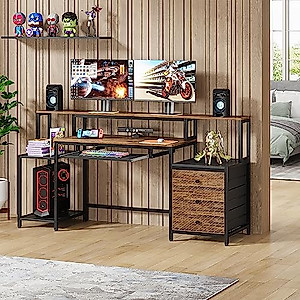 Tribesigns Computer Desk with 3 Drawers, 63 inch Home Office Desk with Monitor Shelf, Industrial Reversible Long PC Gaming Desk with Keyboard Tray, Study Writing Table Workstation, Vintage Brown