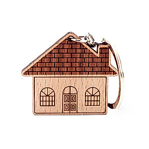 Wresty 4 Pcs House Design Key Chain Wood Keychain Home Key Ring Decoration Housewarming Gift Favors Brown