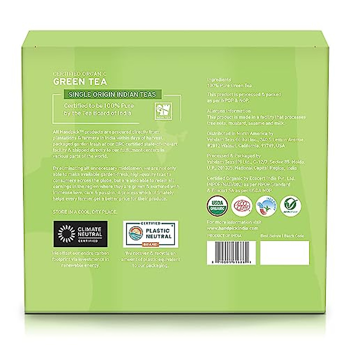 HANDPICK, Organic Green Tea Bags - 100 Tea Bags | Resealable Bag, Round & Eco-friendly Tea Bags | Direct From India