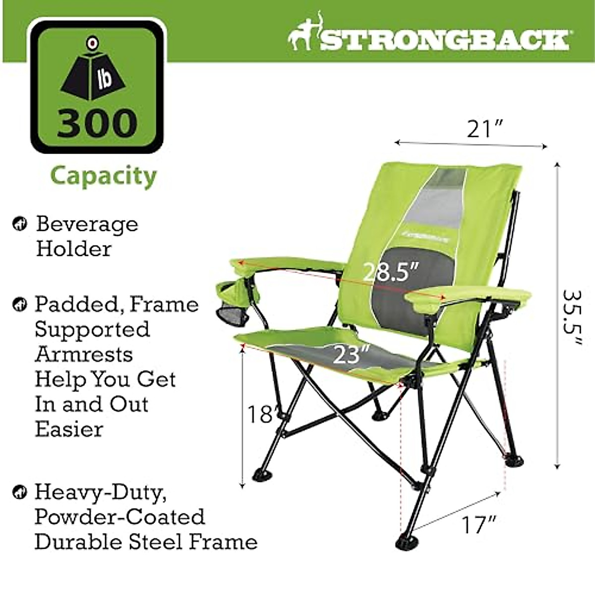 STRONGBACK Elite 2.0 Adult Camping Chair with Lumbar Support and Carry Bag, Lime Green/Grey