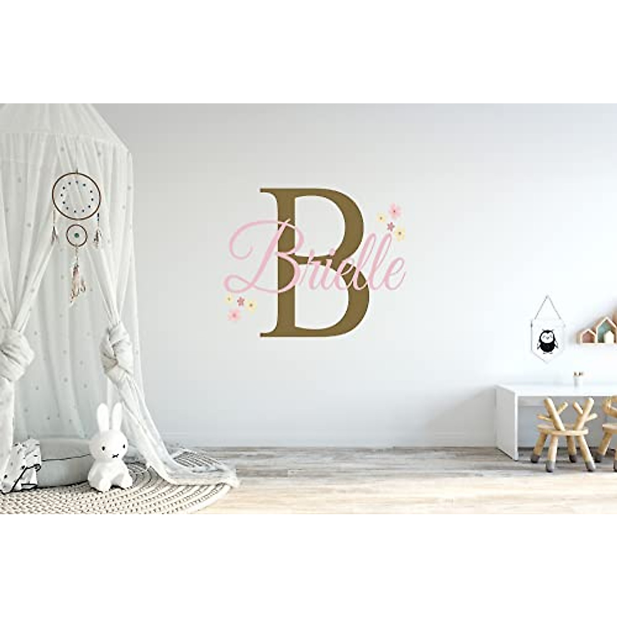 CuteDecals Custom Name and Initial with Flowers Wall Decal - Personalized & Art Mural Girls Decor Stickers for Nursery Bedroom Decoration (Mini Wide 16 inchx10 inch Height)