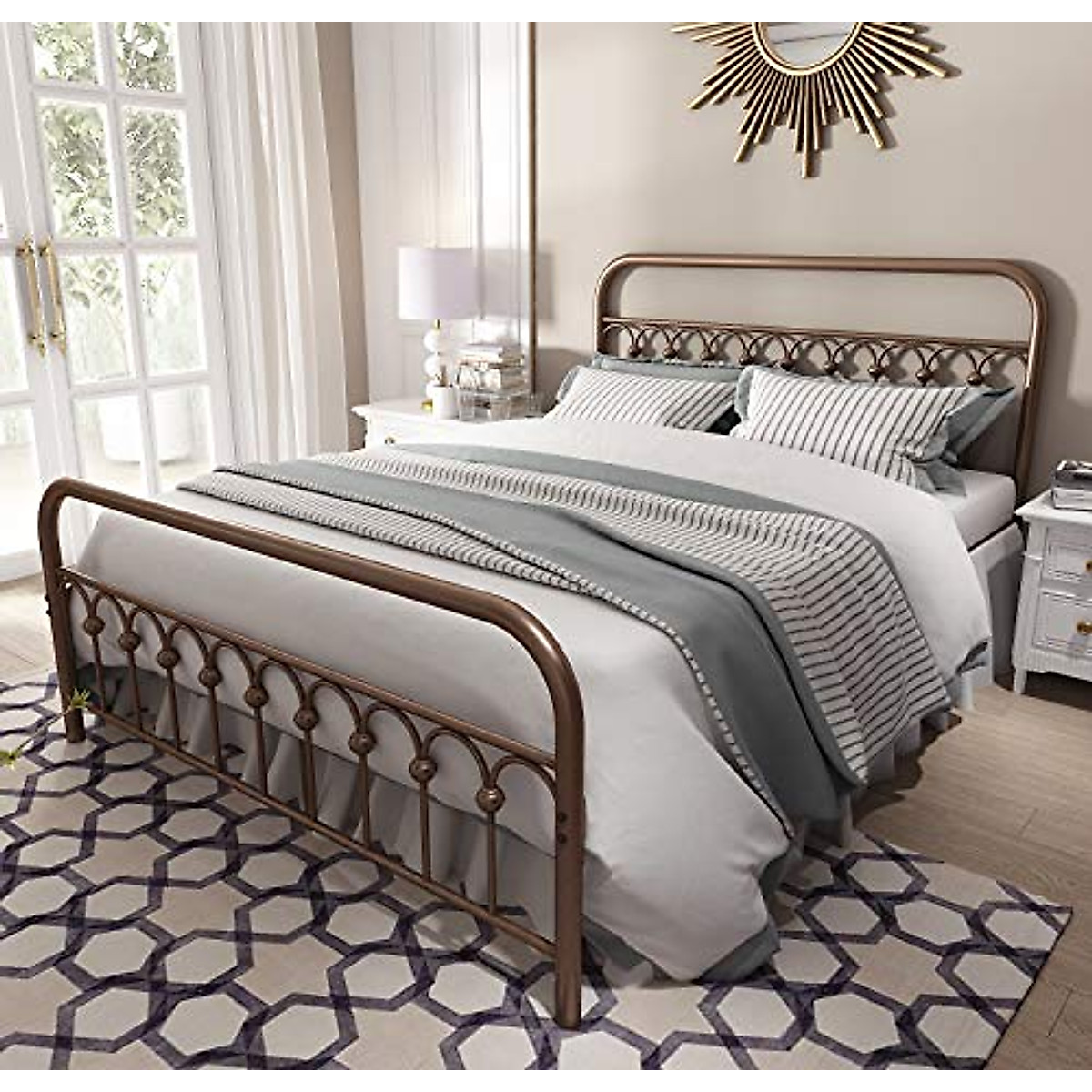 YALAXON Vintage Sturdy Queen Size Metal Bed Frame with Headboard and Footboard Basic Bed Frame No Box Spring Needed，Antique Brown.