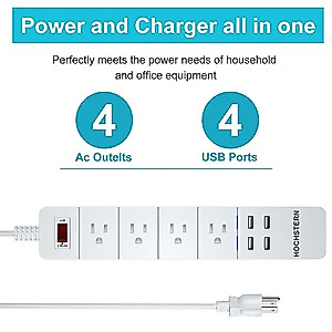 USB Power Strip, 4 USB Ports & 4 Outlets, Fast Charging, White 5.5 ft Cord, 1875W/15A Protector for Desktop, Home, Office & Nightstand Charging Station - Duvik