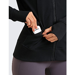 CRZ YOGA Women's Full Zip Hooded Sweatshirts Workout Sweat Jackets Slim Fit Running Track Hoodies with Thumbholes Black Large