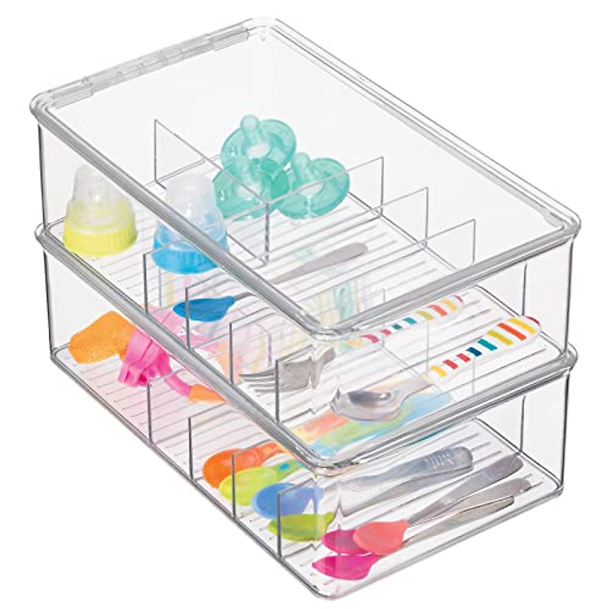 mDesign Stackable Plastic Storage Organizer Container Box for Kitchen Cabinets, Pantry, Countertops - Holds Kids, Child/Toddler Mealtime Sets, Small Accessories - 6 Sections - BPA Free - Clear