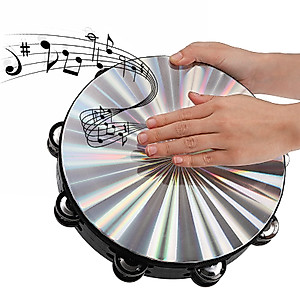 YOUEON 2 Pack Radiant Tambourine with Double Row Jingles, 8/10 Inch Wood Handbell Music Reflective Drum, Hand Drum Percussion Instrument for Church, Tambourine for Dance, Party, KTV