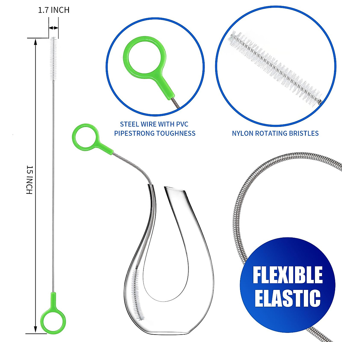 2024 Upgraded Long Straw Cleaner Brush,9.5in 10 Different Diameters Reusable Water Bottle Brush&1pcs 15in Spring Brush,Stainless Steel Nylon Tube Brush Kit for Sippy Cup,Water Bottle,Drinking Straw