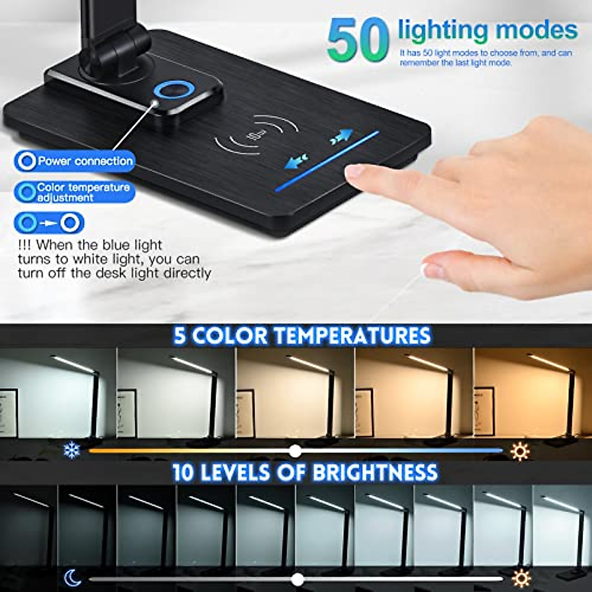JOSTIC Led Desk lamp with Fast Wireless Charger, Night Lighting, USB Charging Port, 10 Brightness 5 Color, Natural Light Eye Caring Reading Lamp, Desk Light for Home Office, Bedside Table Lamp, Black