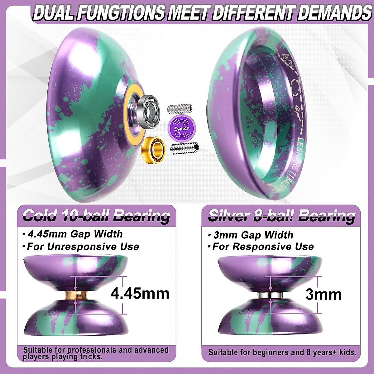 JOLESHARE Professional Unresponsive Yoyo for Pros and Responsive Yoyos for Kids Beginners, Package Includes Replaceable Responsive Bearings, yo-yo Gloves, and 5 yo-yo Cords(Purple Green)