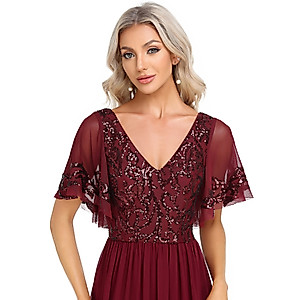Ever-Pretty Women's Sequin Ruffle Sleeve V Neck A-Line Pleated Open Back Long Chiffon Formal Dresses Burgundy US26